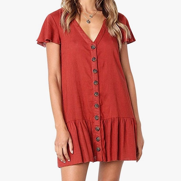 Amazon Essentials | Dresses | Amazon Linen Red Button Down Dress | Poshmark